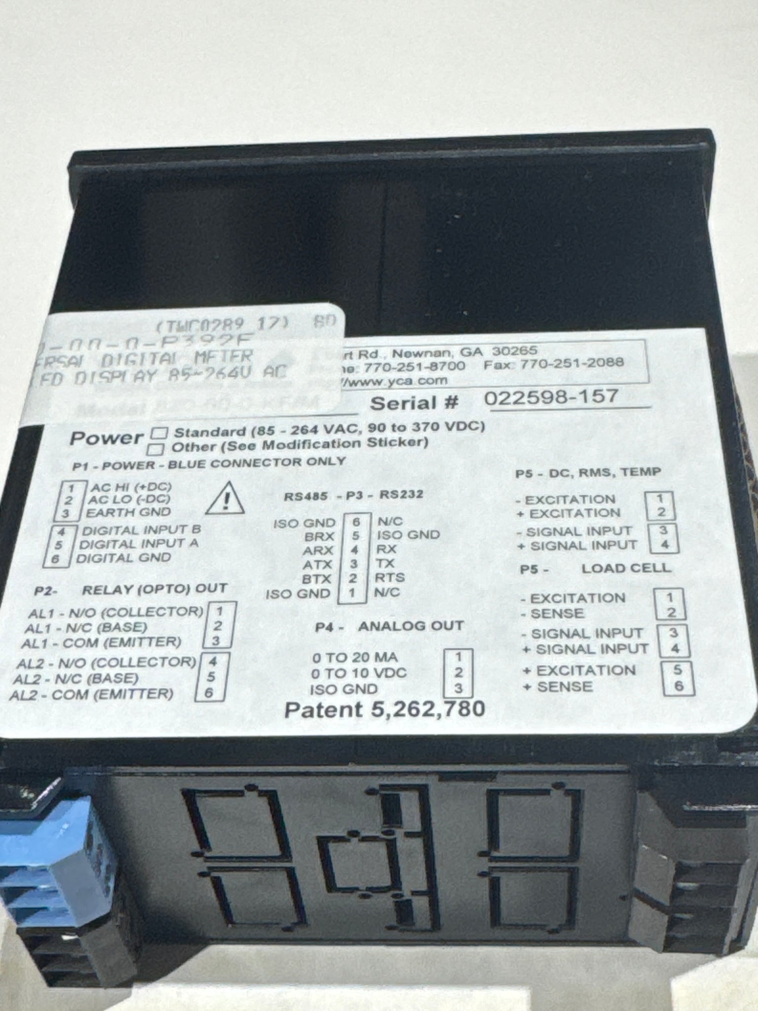 Y820-00-0-P392F - YOKOGAWA - DIGITAL RTD METER, Pt100 Ohm RTD ANSI -20