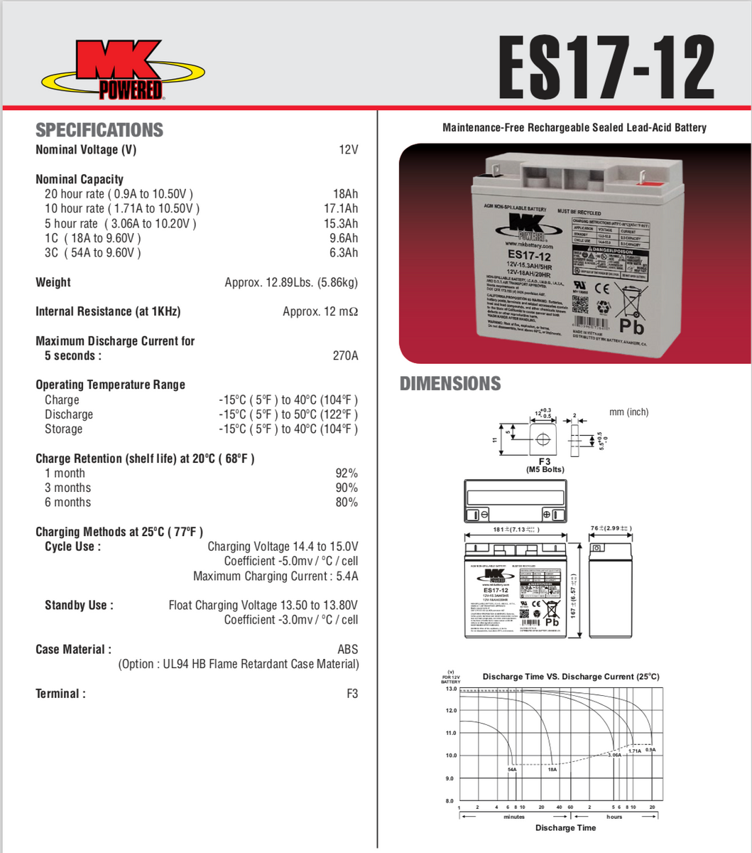 ES17-12 - MK BATTERY - 12V 18AH SEALED LEAD ACID BATTERY
