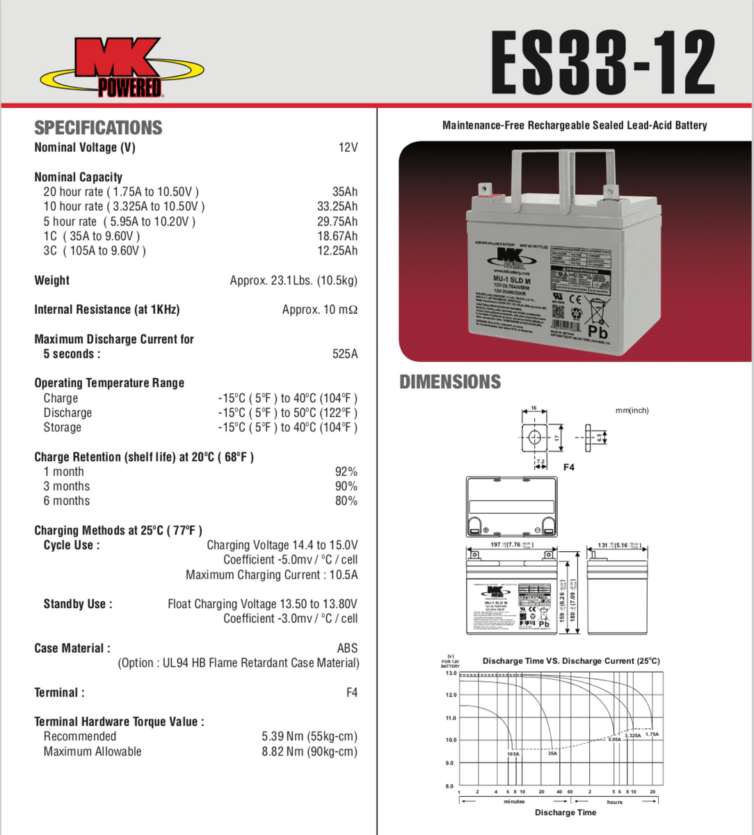 ES33-12 - MK BATTERY - 12V 35 AH SEALED LEAD ACID BATTERY